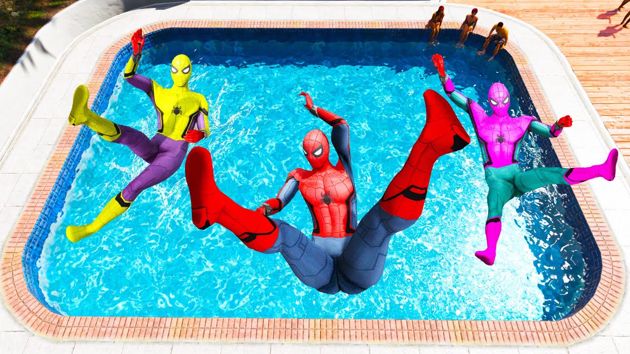 GTA 5 Rainbow Yellow Vs Red & Pink Spiderman Jumping Into Pool (Euphoria Physics/Ragdolls) #1 ...