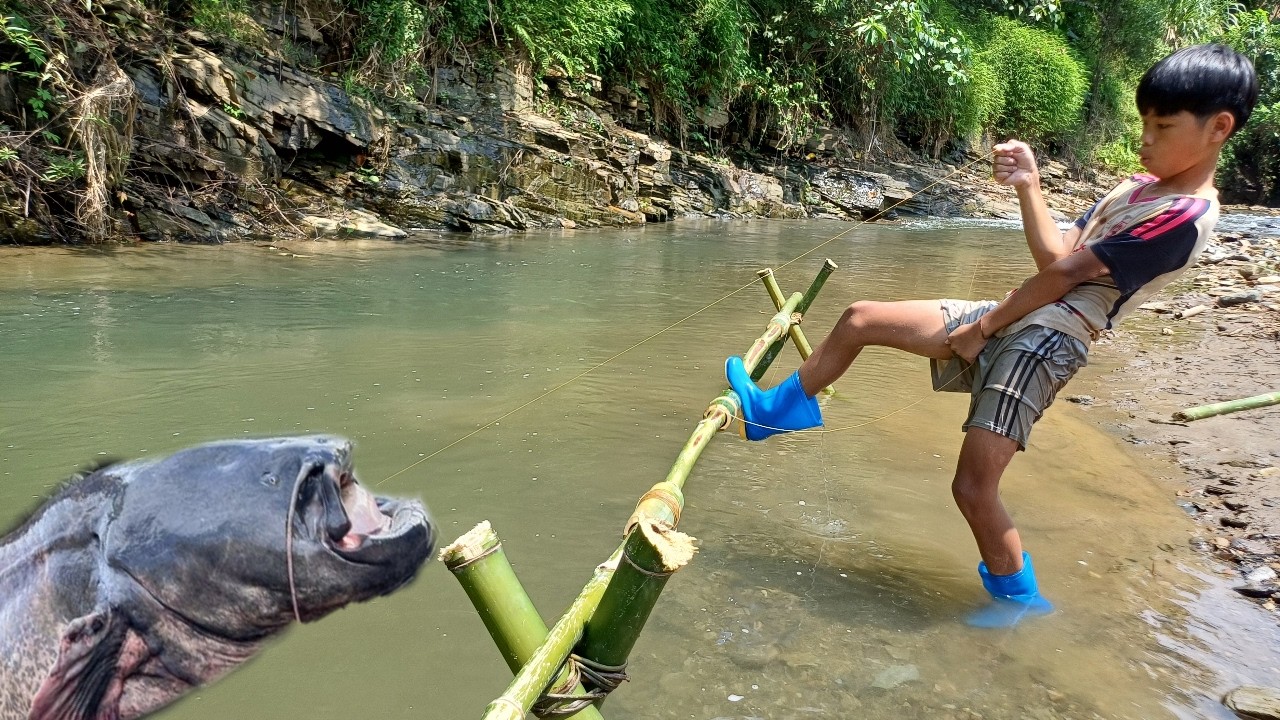 stream fishing techniques. homeless boy caught many big fish - Fishing