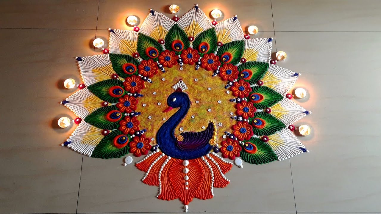 Peacock rangoli design | Rangoli design for diwali | Big rangoli for ...