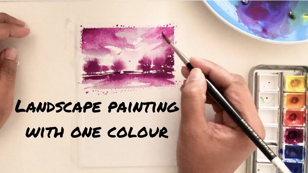 Easy watercolour landscape painting using just one colour - YouTube