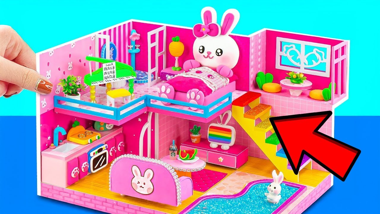 Making a pink bunny house from clay and unboxing a cute rabbit kitchen ...
