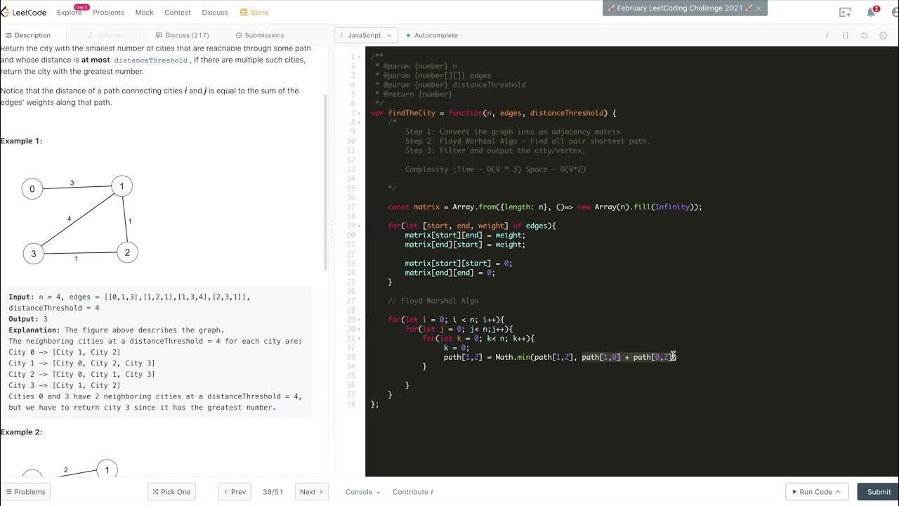 Leetcode # 1334 Find the city with the smallest number of neighbors at a threshold distance ...