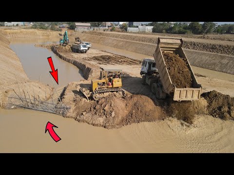 New Project Lake Filling Build Road Canal By Team Truck Spreading soil ...