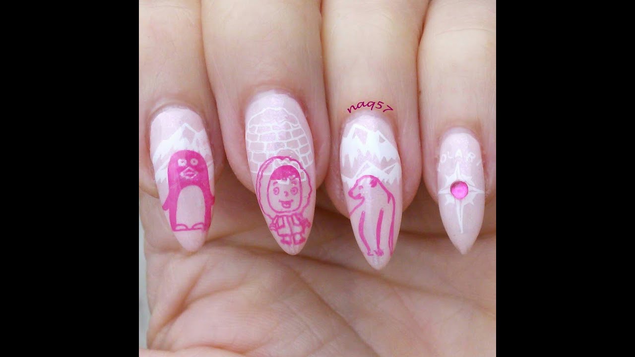 Pink Eskimo nail art design - double stamping - YouTube