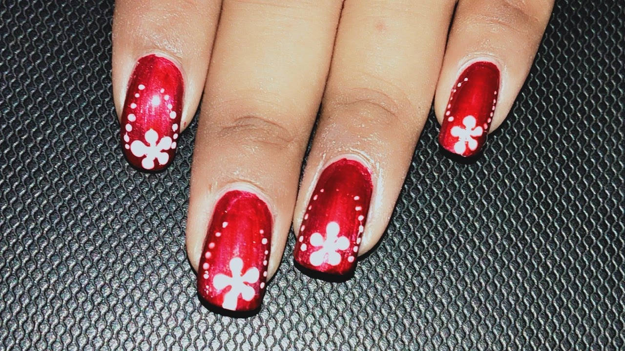 Flower Nails Design with Red N White Color Using Dotting Tools N Brush ...