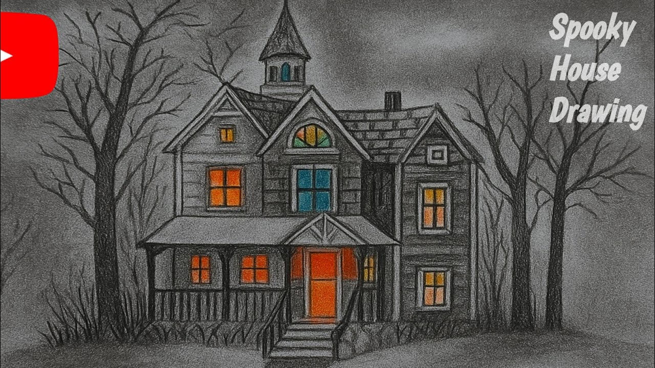 Haunted House Drawing Tutorial|| Scary House drawing|horror house ...
