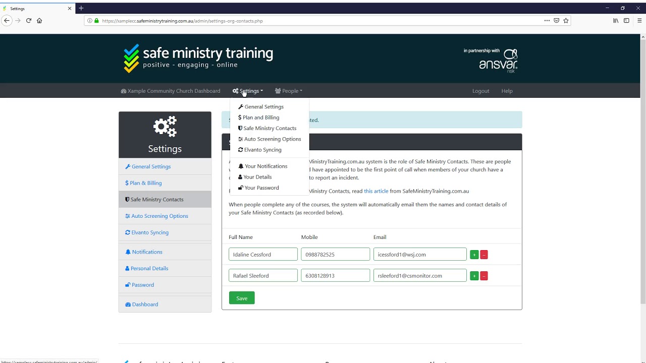 Entering the details of your Safe Ministry Contacts - YouTube