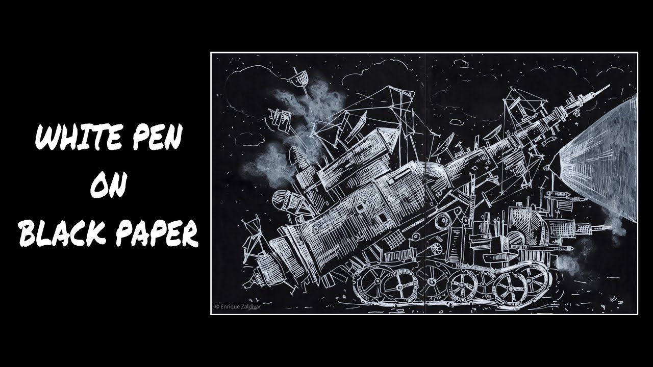White pen on black paper: Drawing a rocket / Ink artwork / Enrique ...