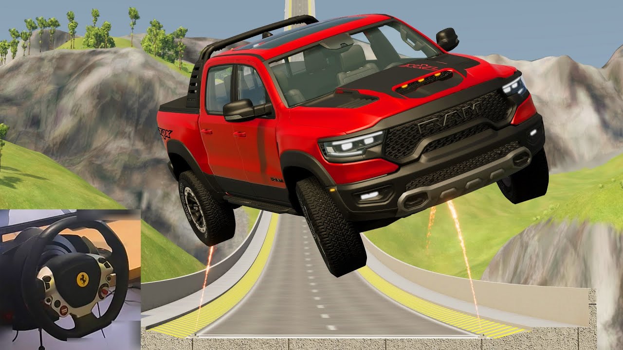 Dodge RAM TRX do epic high speed jumps - Thrustmaster TX steering wheel ...