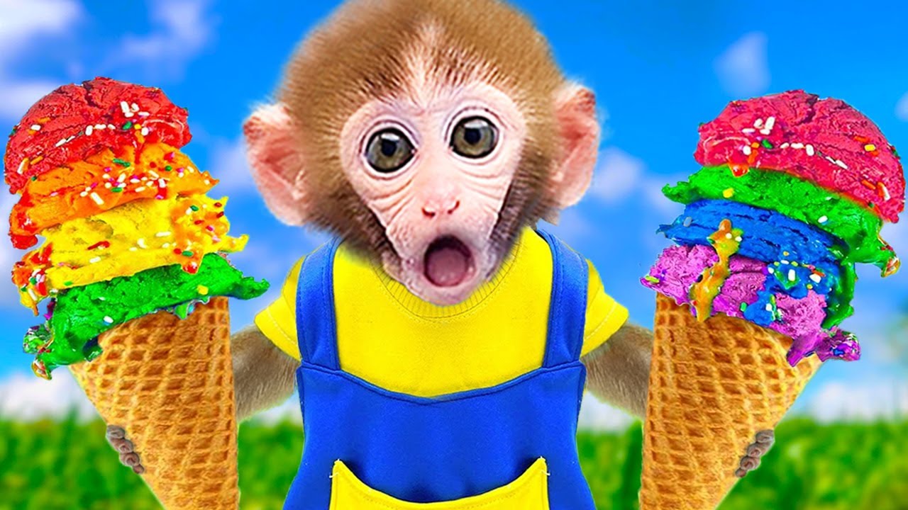 Baby Monkey BiBon makes gold coins to buy colorful ice cream and the ...