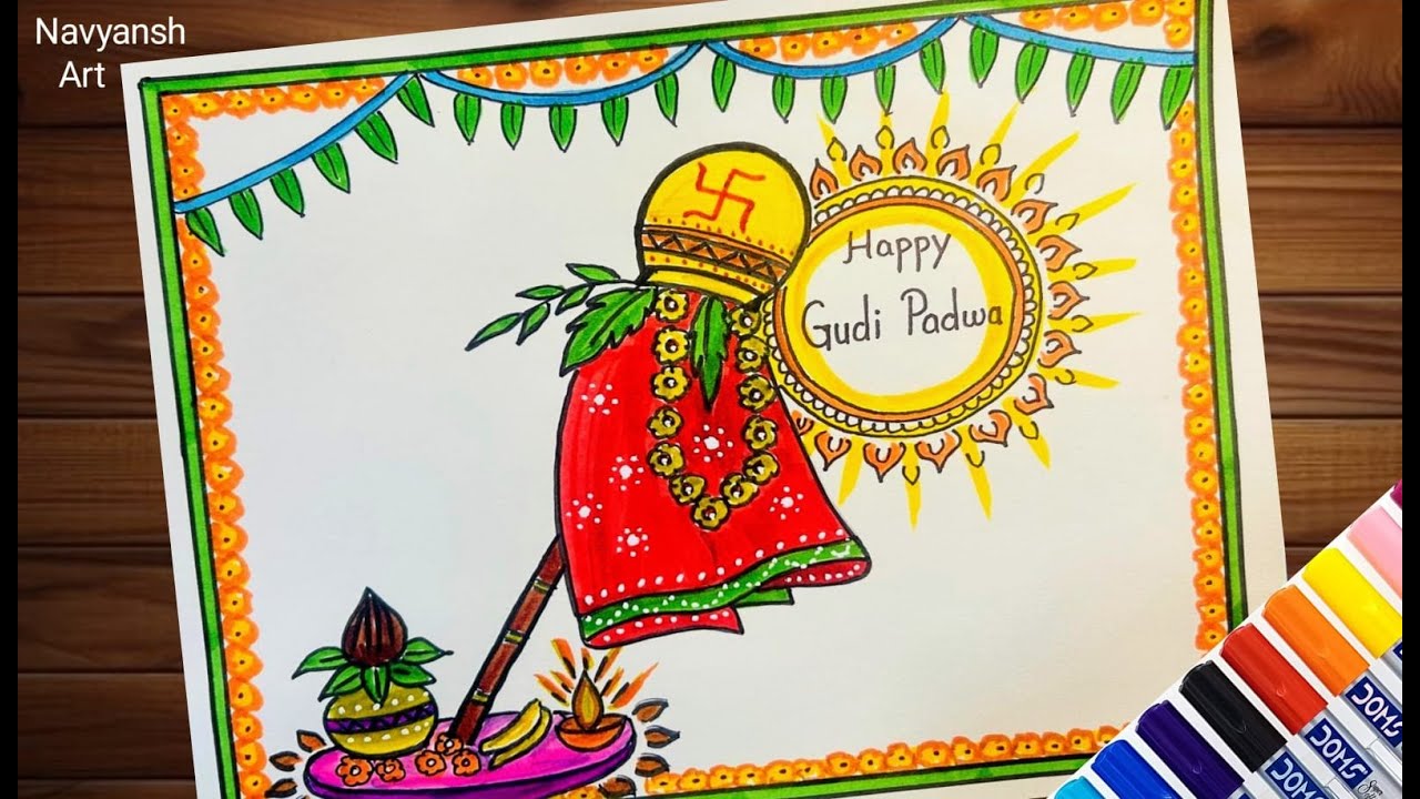 Gudi Padwa festival drawing easy / How to draw Gudi Padwa poster ...