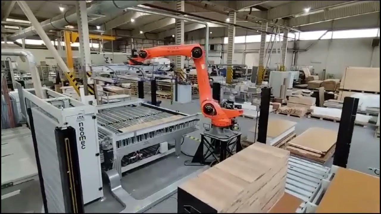NEOMEC AUTOMATION WITH LOADING / UNLOADING ROBOTS FOR PANELS EDGE-BANDING "NO-STOP" LINE. - YouTube