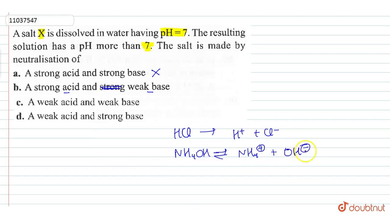 A salt `X` is dissolved in water having `pH =7`. The resulting solution ...