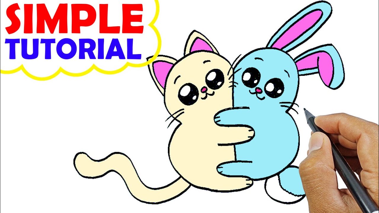 How to draw a cat and a bunny hug each other simple tutorial | Drawing ...