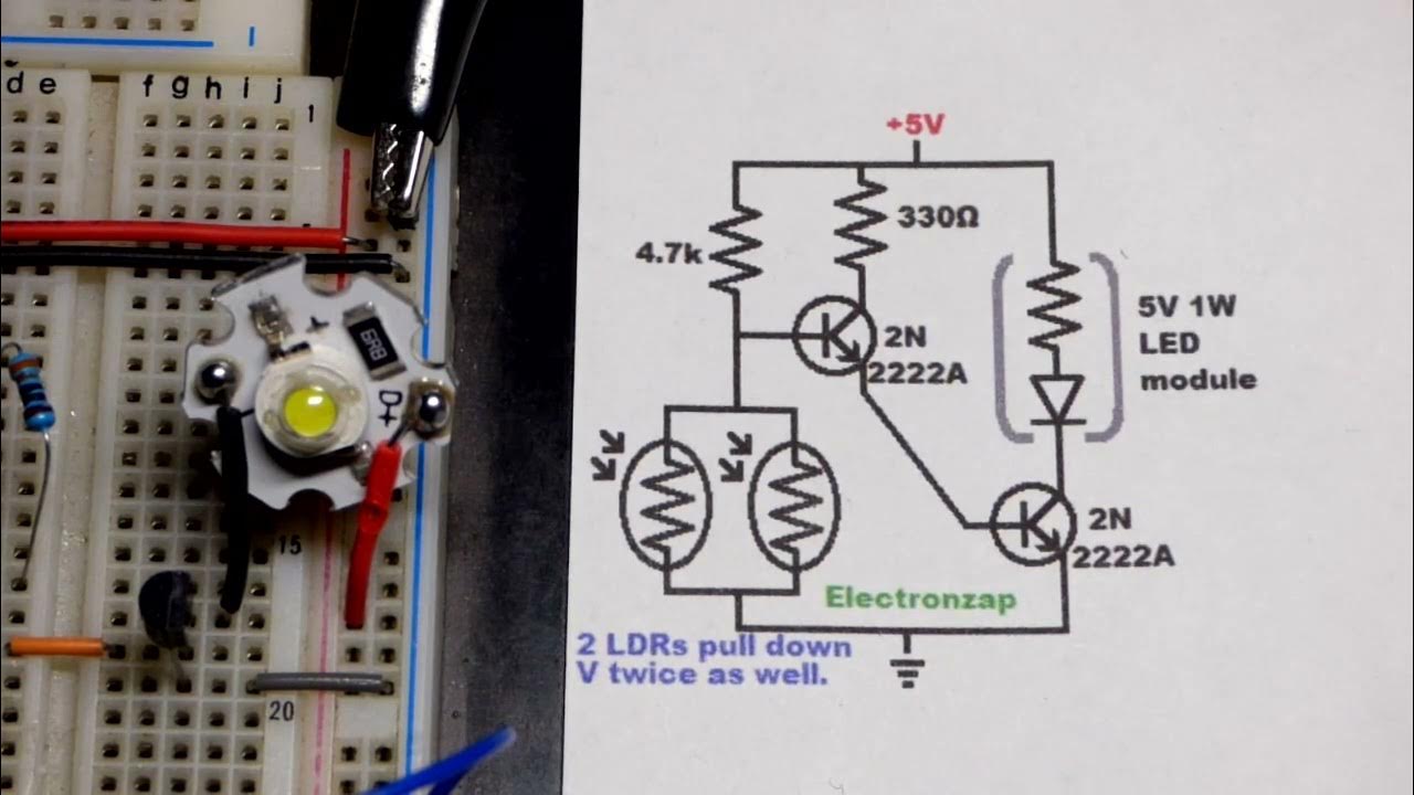 5V 1W LED module night light circuit two 2N2222A NPN BJTs and LDRs learning electronics shorts ...