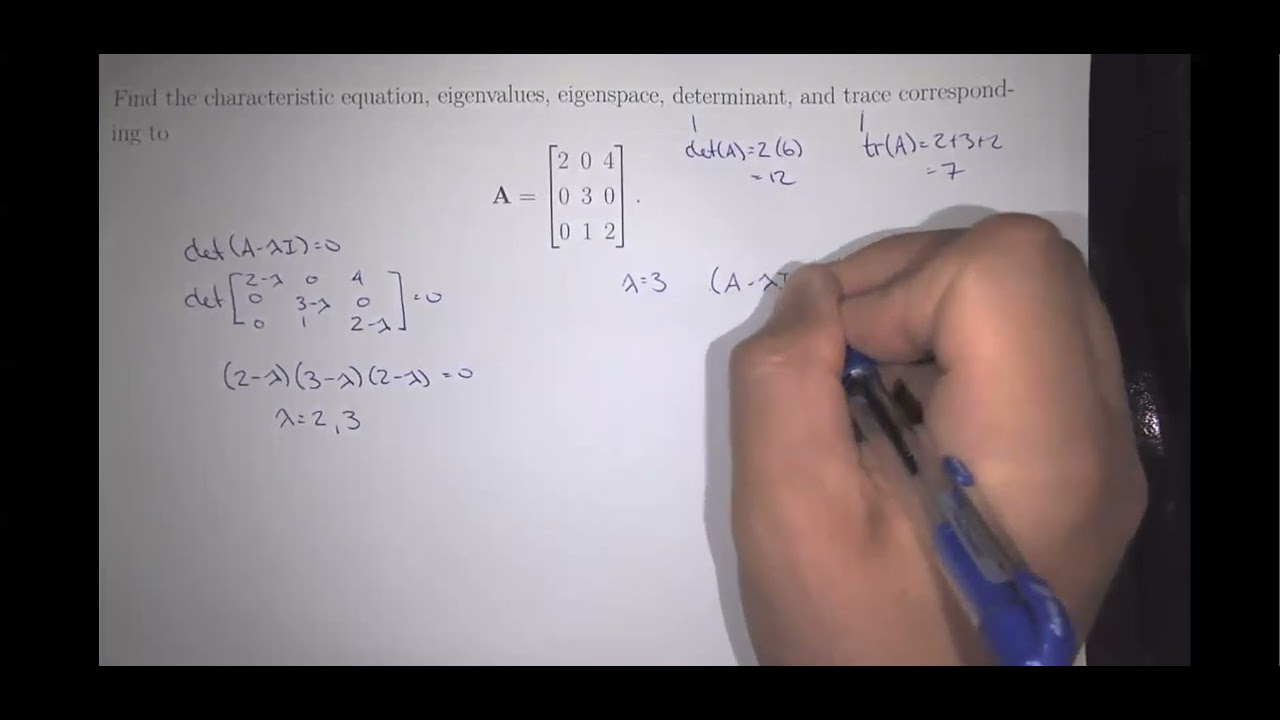 Find the characteristic equation, eigenvalues, eigenspace, determinant, and trace corresponding ...
