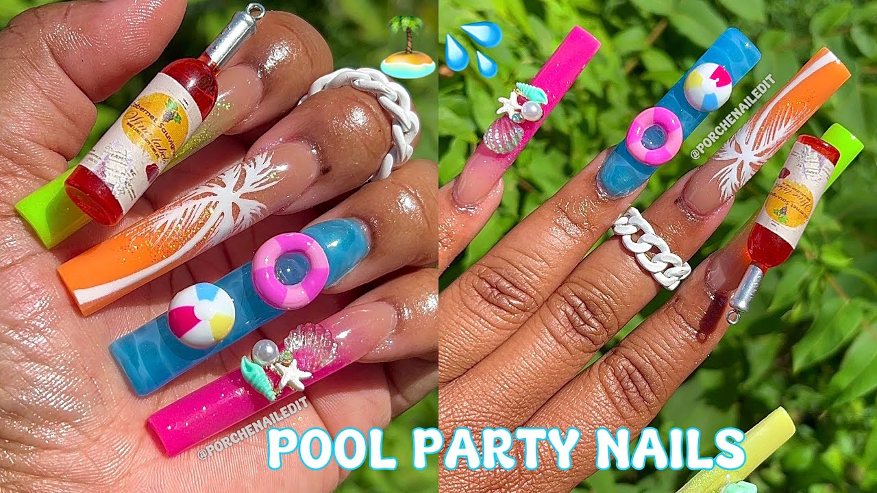 TROPICAL NAILS 🏝️🍹 POOL PARTY VIBES 💦 3D NAIL ART | SUPER EASY WATER ...
