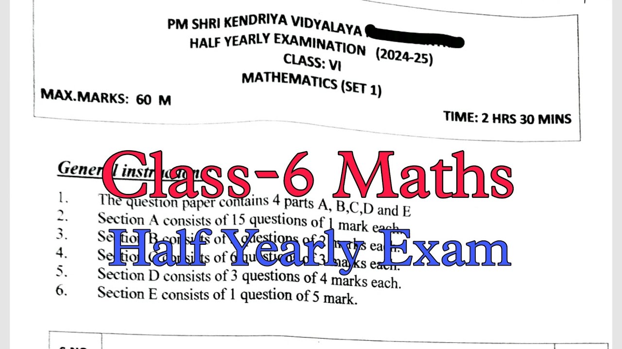 Class-6 MATHS Half Yearly Exam Question Paper / Session 2024-25 PM Shri ...
