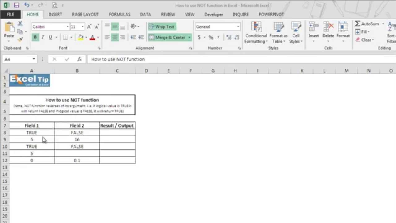 How to use NOT function in Excel - YouTube