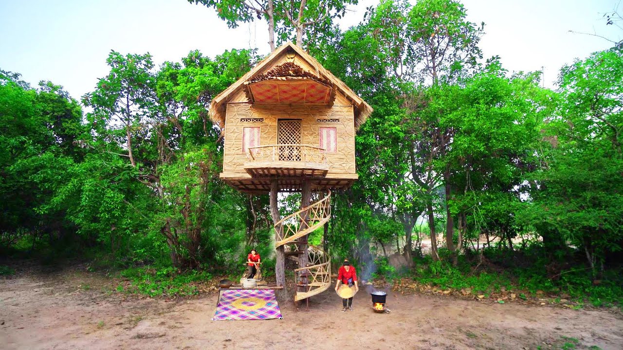 Beautiful Survival Girl Camping Alone Build Bamboo Tree House and ...