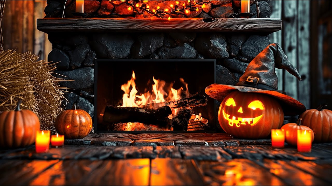 Spooky Fireplace with Crackling Logs in Halloween Cozy Ambiance to ...