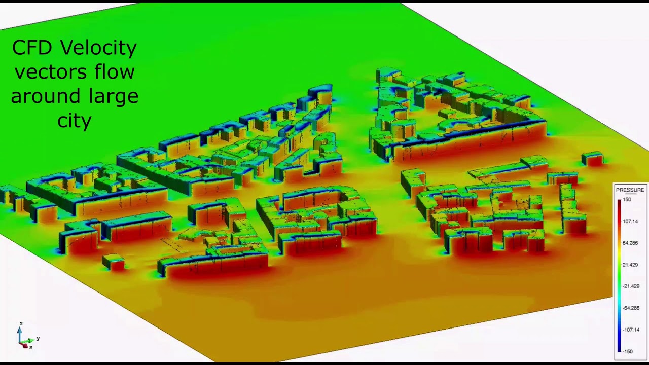 CFD Velocity vectors flow around large city - YouTube