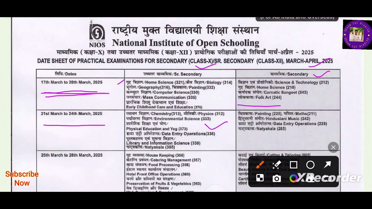 NIOS Class-10th & 12th. Date Sheet of Practical Exam March- April 2025 ...
