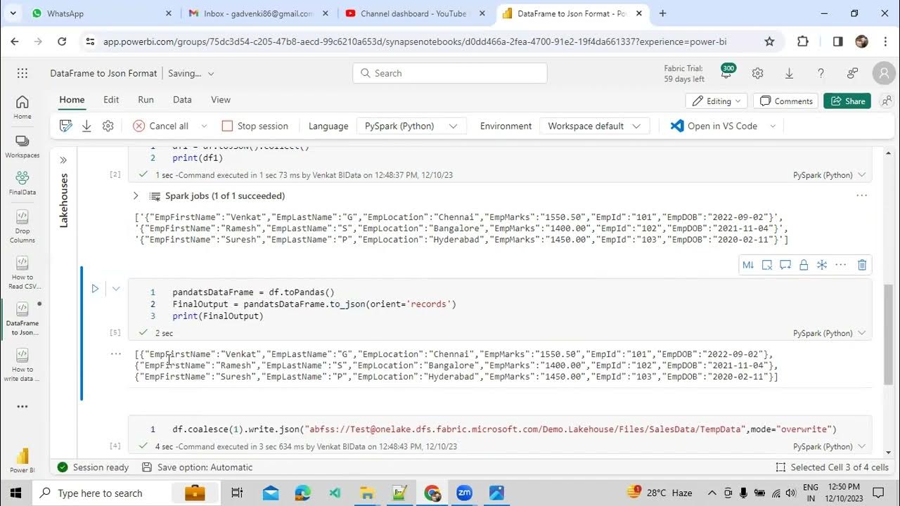How To Convert Dataframe Into Json Format Using Pyspark In Microsoft Fabric Youtube