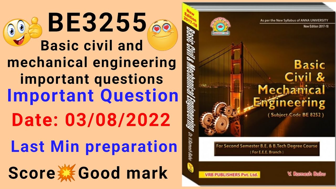 BE3255 basic civil and mechanical engineering important | Bcm important question ...