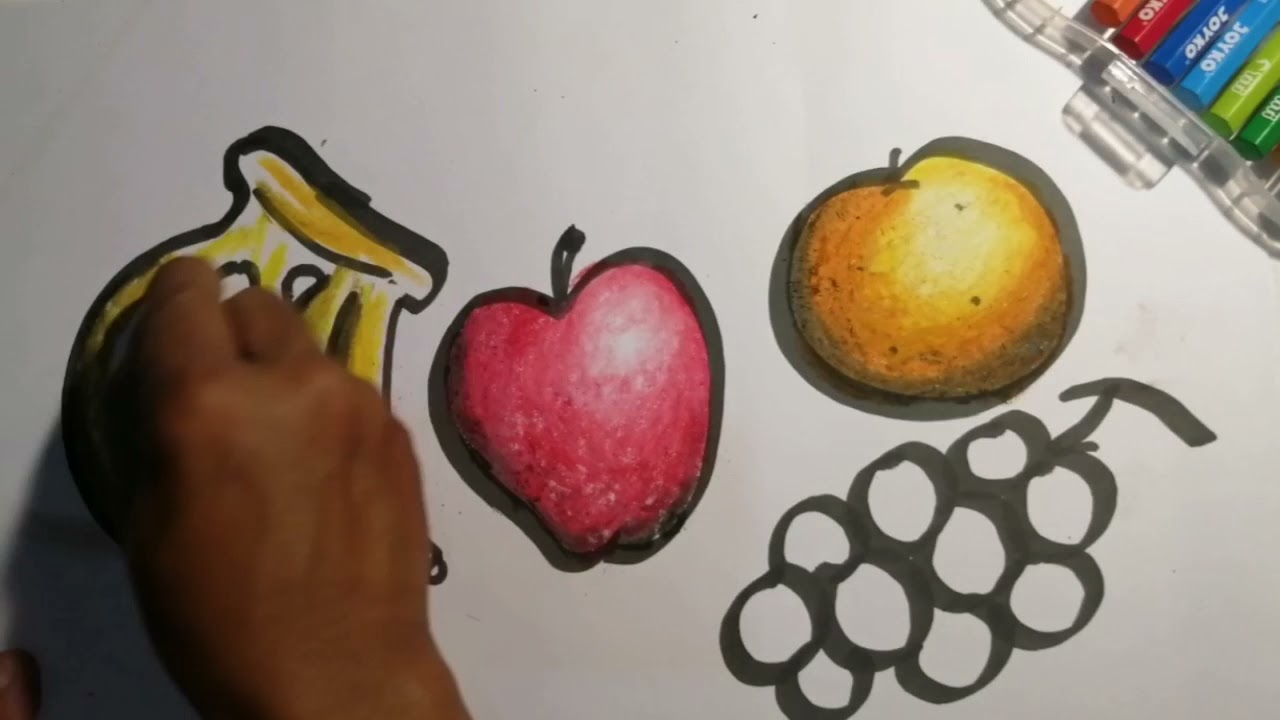 How to draw fruit (apple,orange,banana, grape) /cara mengambar buah ...