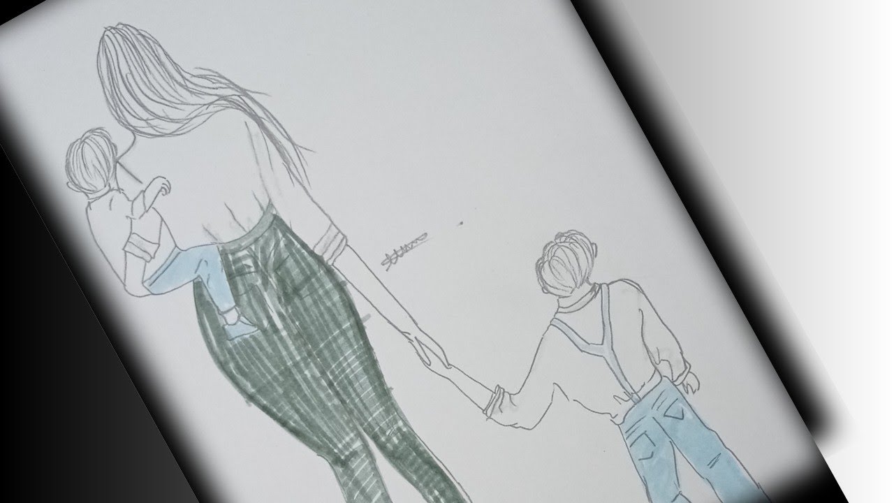 Drawing A Mother With Children Walking Alone||Easy Drawing video for ...