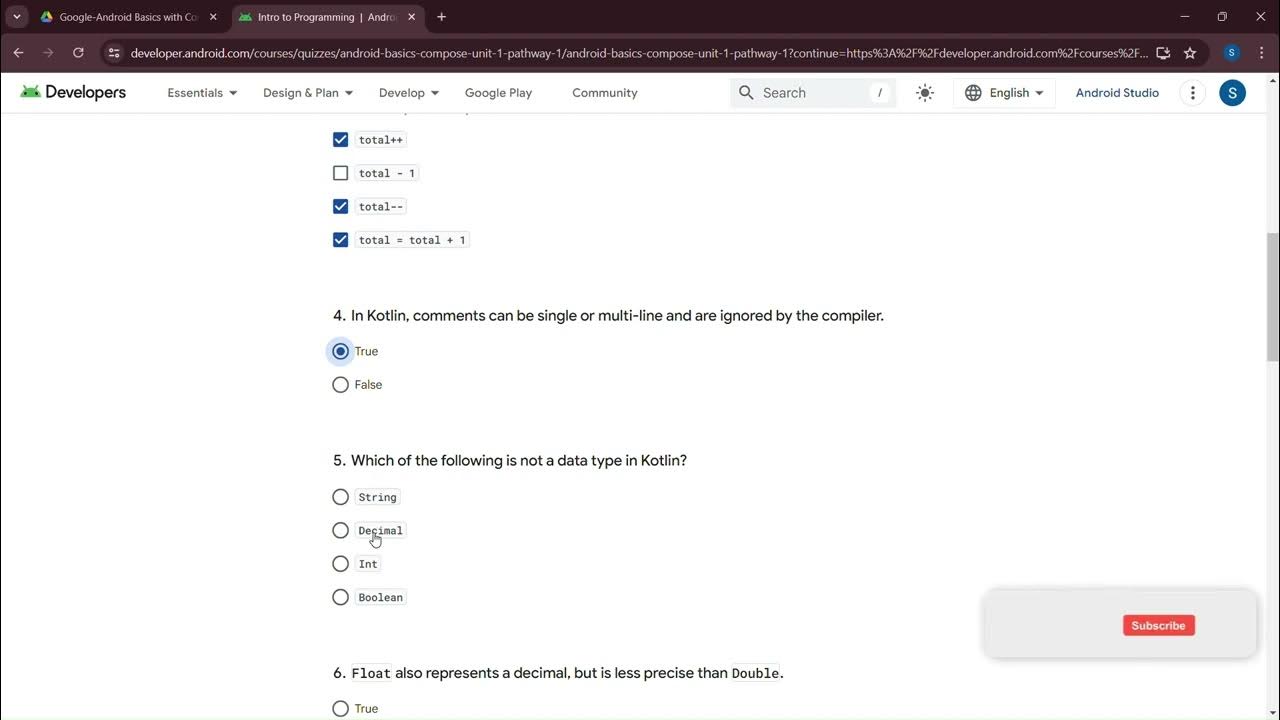 Unit - 1 Intro to Programming -- Quiz || Google Android Developers - YouTube