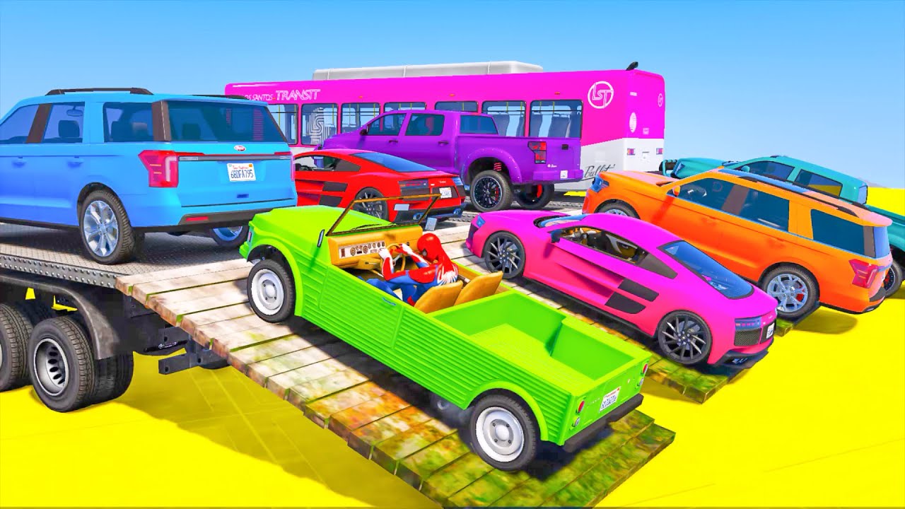 Flatbed Trailer Sports Cars Transportation with Truck | Off-Road Cars ...