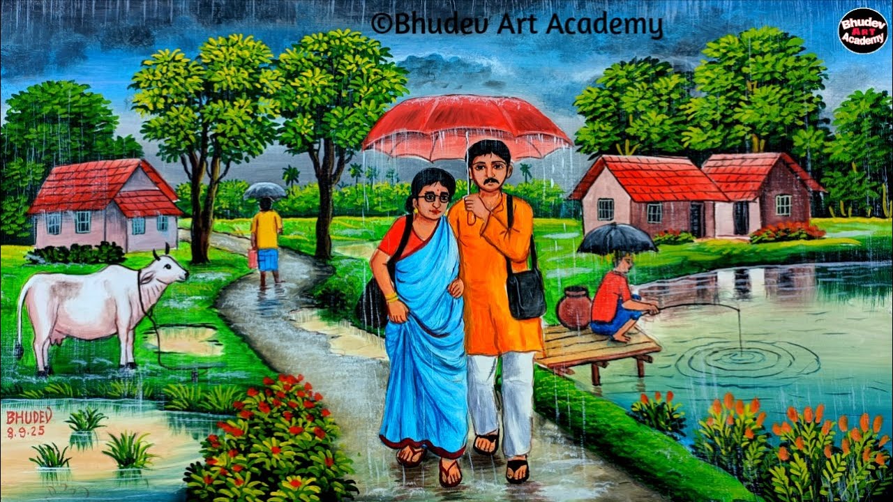 Rainy Season Scenery Painting|Beautiful Indian Village Scenery Drawing ...