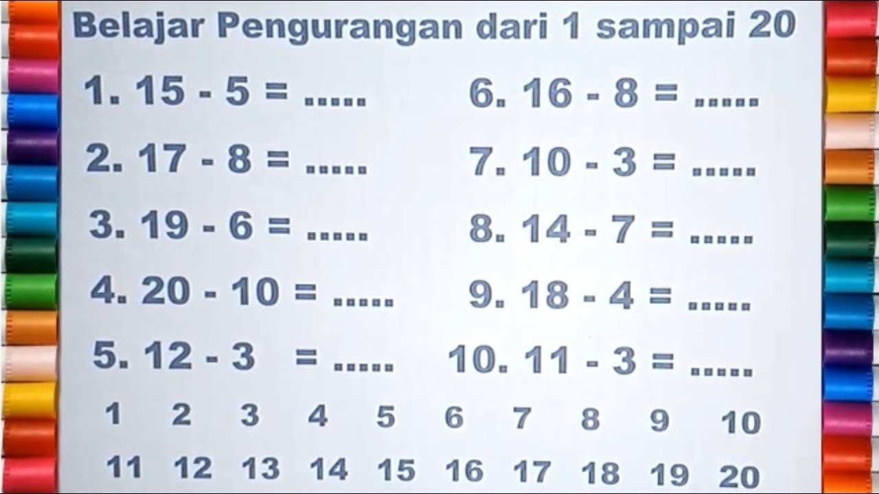 Belajar Pengurangan dari 1 Sampai 20 | Belajar Matematika untuk Anak TK ...