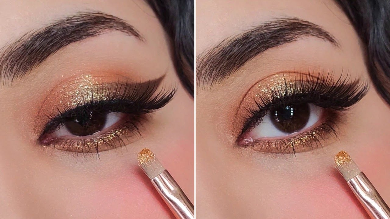 Easy Soft Peachy Eyeshadow Tutorial with Gold Glitter & Brown Eyeliner 🍑 - YouTube