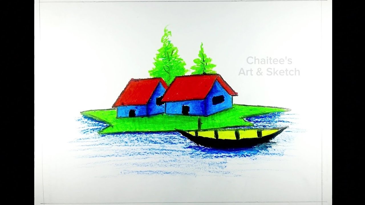 Easy House & Boat Drawing Tutorial in Island || Island Home Drawing ...
