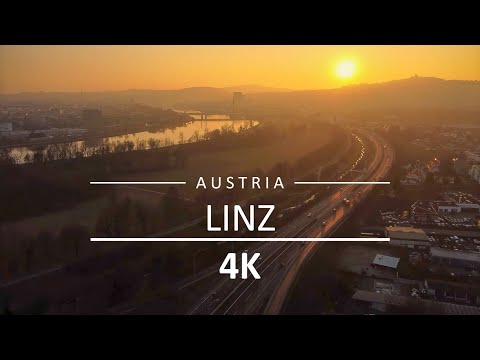 Linz Austria 4K UHD Drone - Sunset at Danube