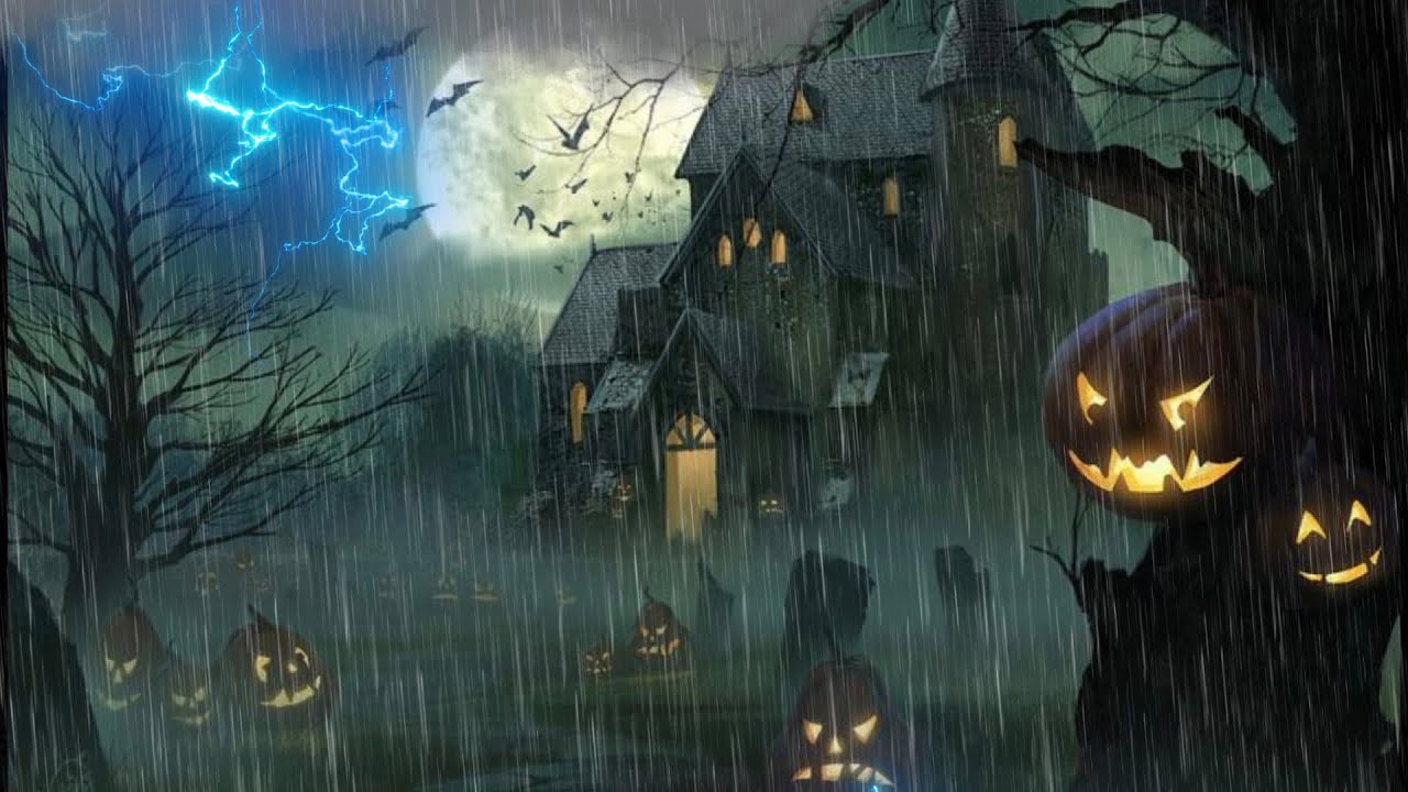 Spooky Halloween Night with Super Heavy Rain & Powerful Thunder Sounds ...