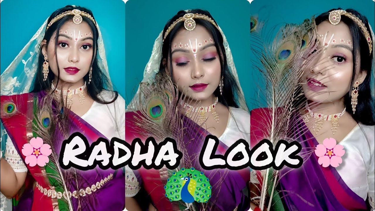 Radha look 🦚🌸||Simple Radha look || Janmashtami special makeup 💄🦚 - YouTube