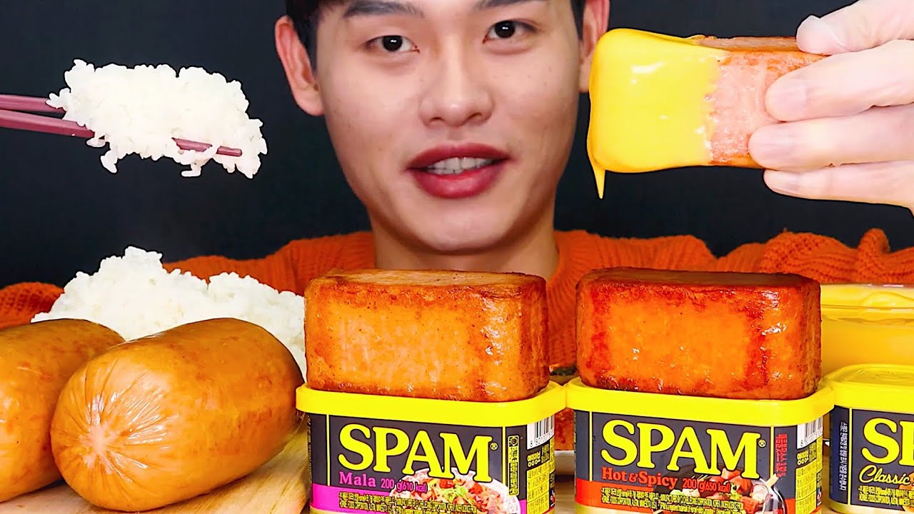 흰쌀밥에 핫스파이시 마라 클래식 통스팸 통햄 먹방~!!Hot Spicy Mala Classic Spam Big Sausage ...