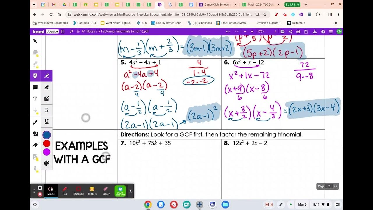 7.7 Factoring Trinomials (a not equal to 1) Algebra 1 Virtual Learning ...