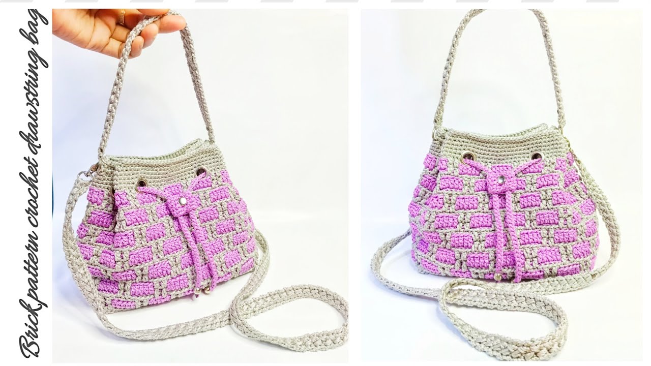 Brick pattern crochet drawstring bag || tas rajut serut motif batu bata ...