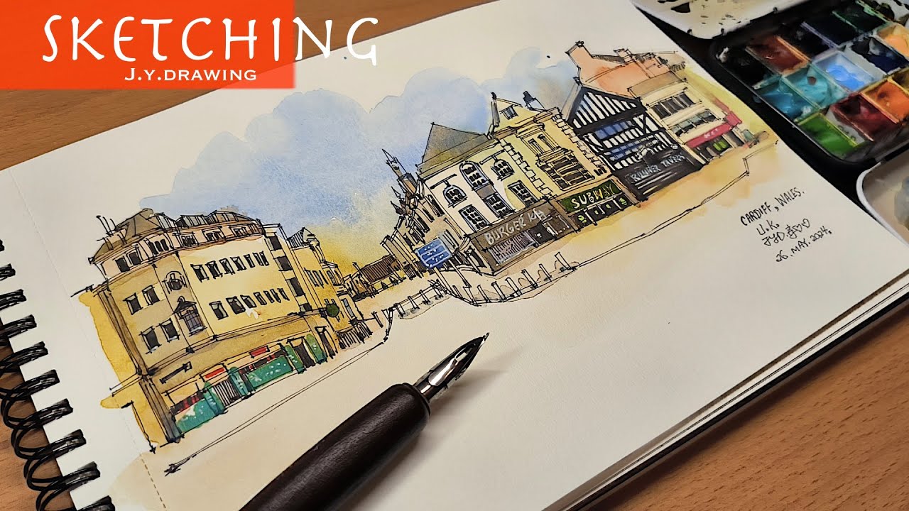 Easy Street Scene Buildings Drawing With a Dip Pen and Watercolor - YouTube