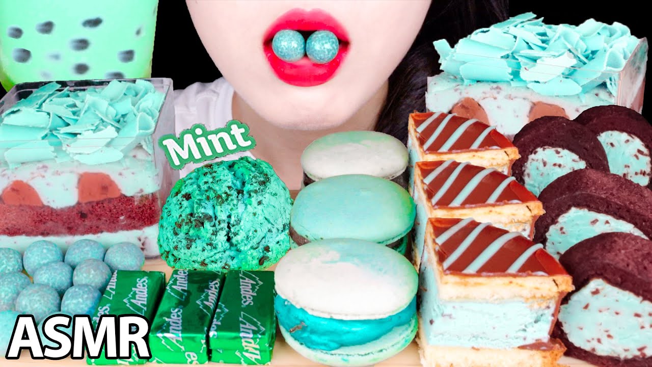 ASMR MINT CHOCOLATE DESSERTS FEAST, *BUBBLE TEA, CAKE, MACARONS, ICE ...