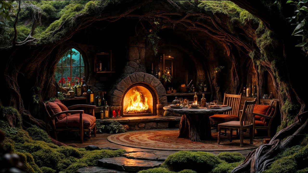 Experience the Hobbit Life: Gentle Rain & Cozy Fireplace for Ultimate ...