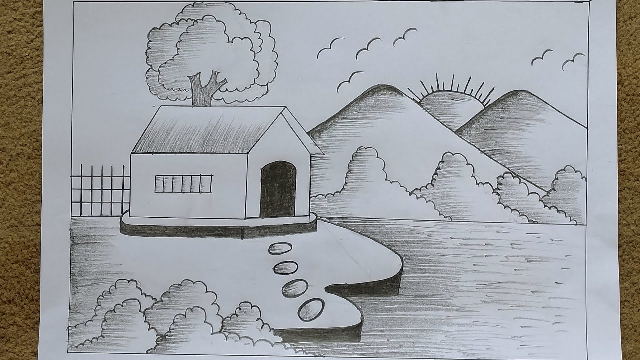 How to draw a simple scenery drawing || Prakritik drishya || Nature ...