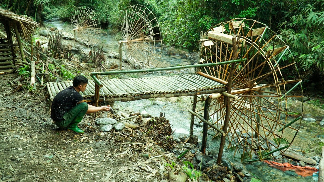 Full video : 22 days to build automatic water pumping plant from bamboo ...
