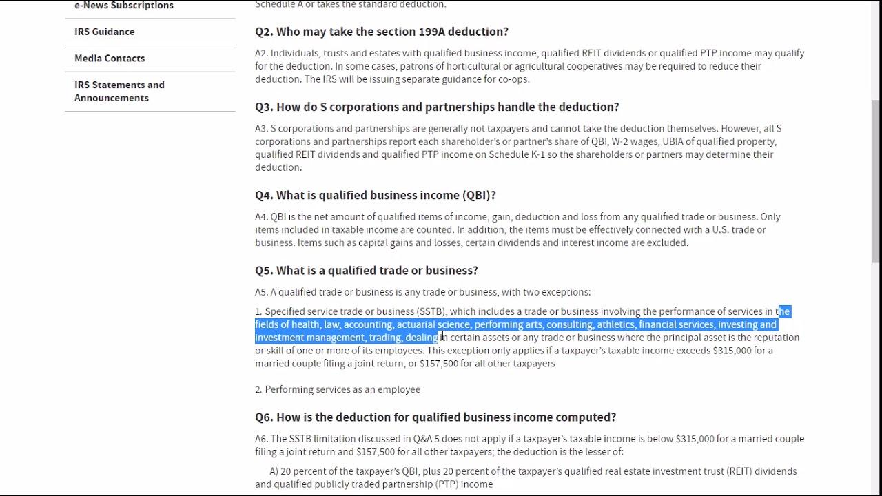 2018 – Section 199A – New Qualified Business Income Deduction - YouTube