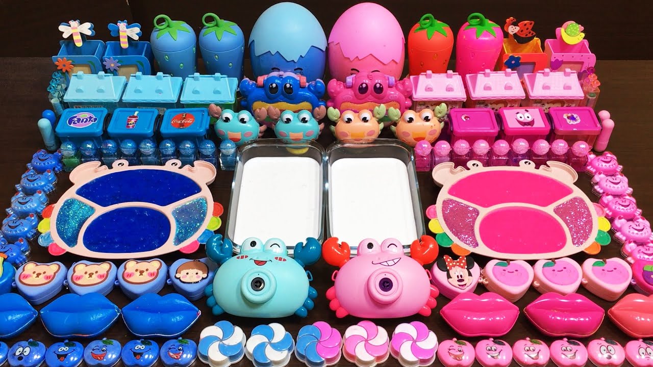 PINK CARB vs BLUE CARB ! Mixing Random Things into GLOSSY Slime ...